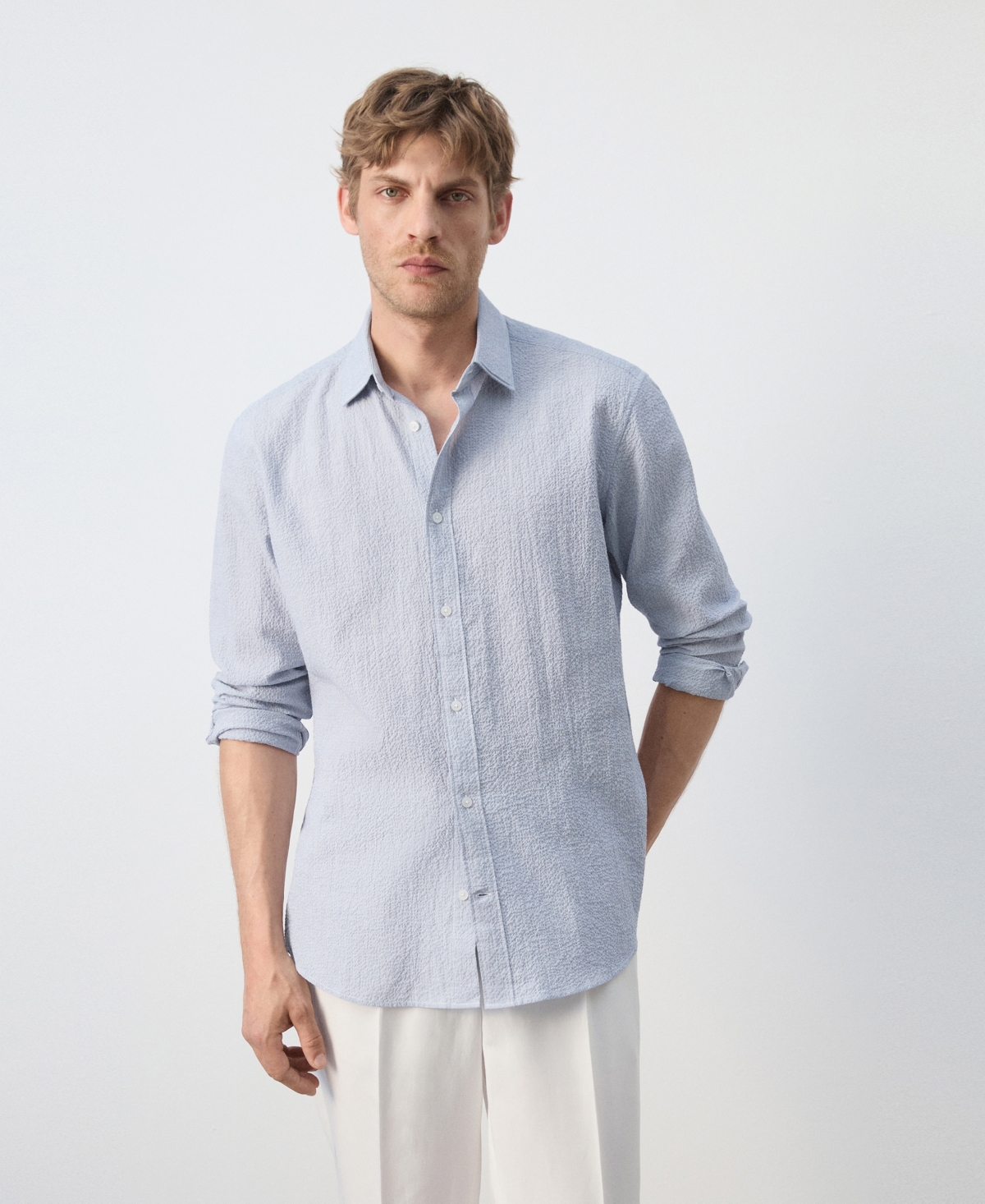 Click here for Mango Mens Textured Striped Seersucker Shirt - Blu... prices