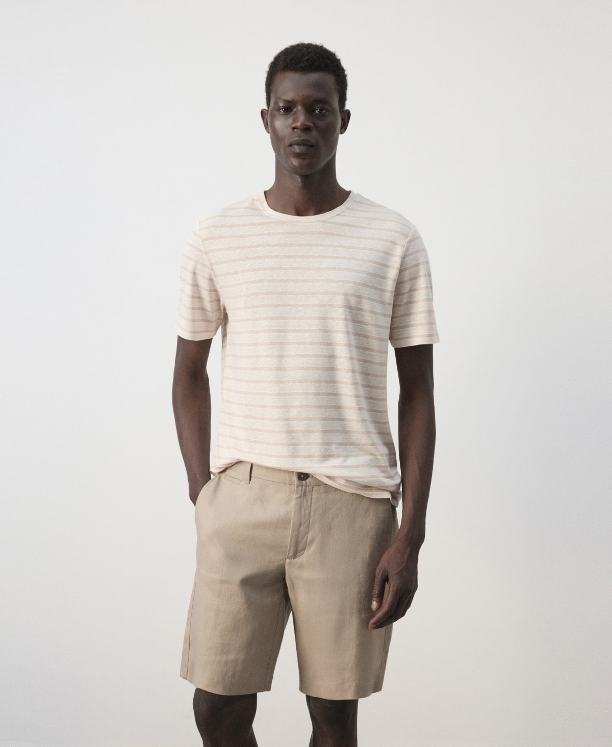 Click here for Mango Mens Striped Linen T-Shirt - Beige prices