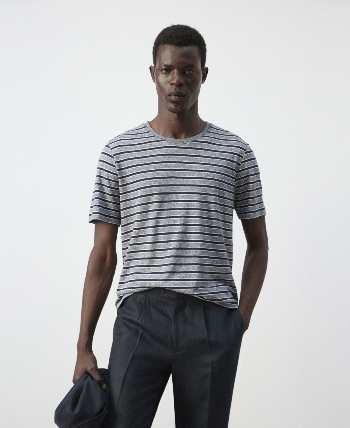 Click here for Mango Mens Striped Linen T-Shirt - Navy prices