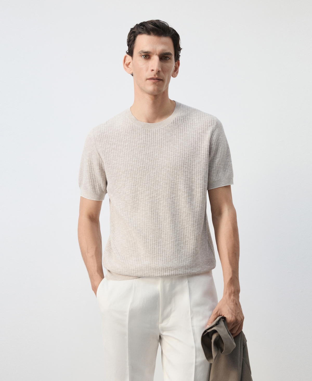 Click here for Mango Mens Ribbed Linen-Cotton Blend T-Shirt - San... prices