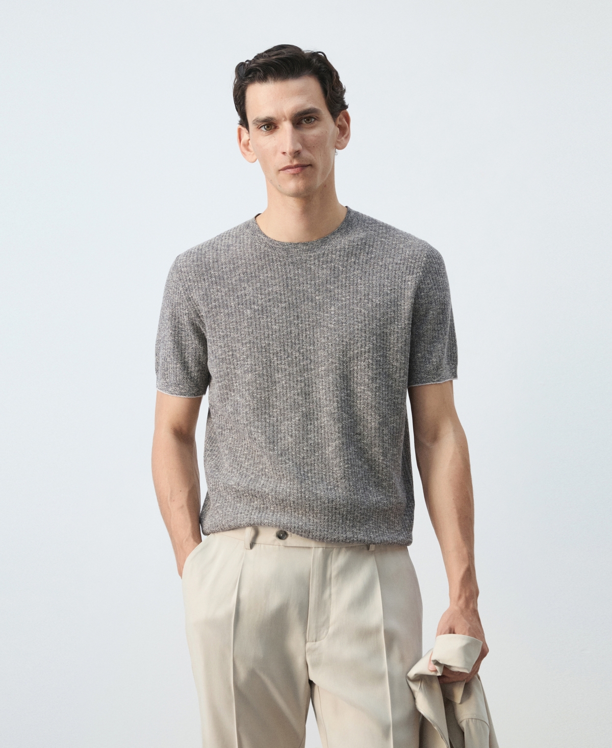 Click here for Mango Mens Ribbed Linen-Cotton Blend T-Shirt - Nav... prices