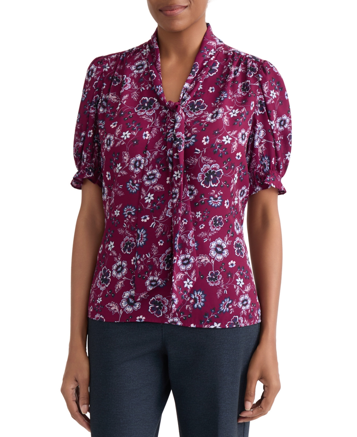 Click here for Jones New York Plus Size Tie Neck Printed Puff Sho... prices