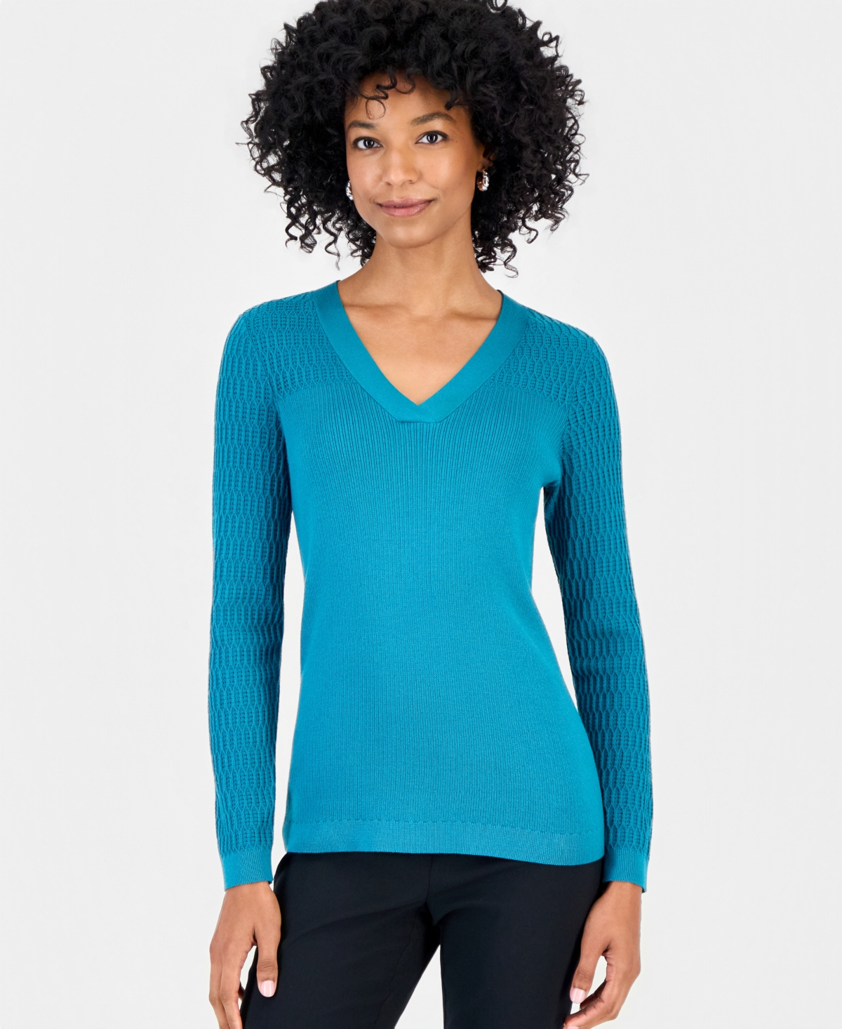 Click here for Jm Collection Womens Mixed Stitch Long-Sleeve V-Ne... prices