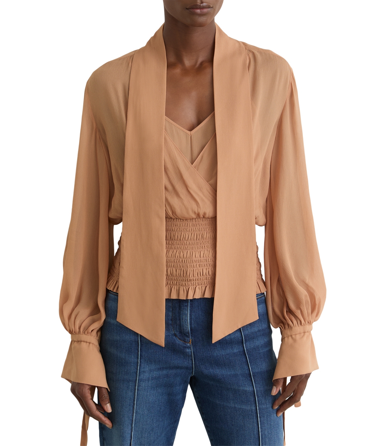 Click here for Reiss Womens Phoebe Long-Sleeve Sheer Tie-Neck Blo... prices