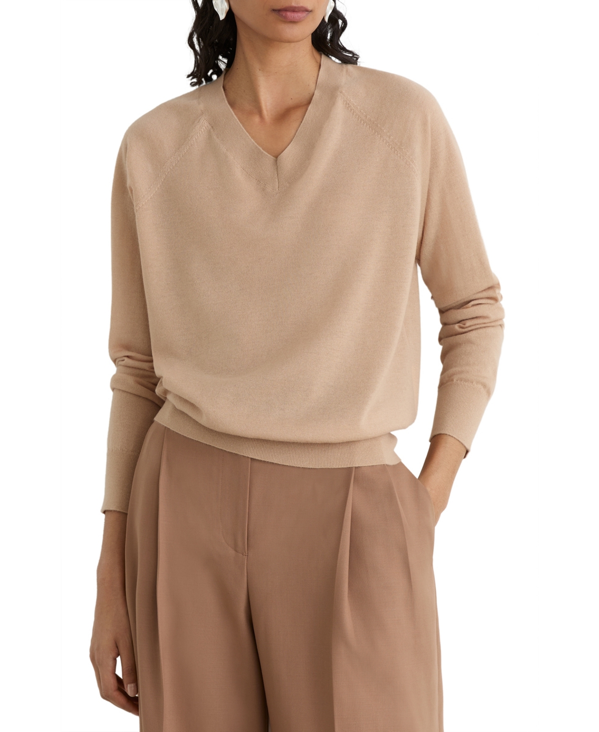 Click here for Reiss Womens Paris Merino Wool V-Neck Jumper - Cam... prices