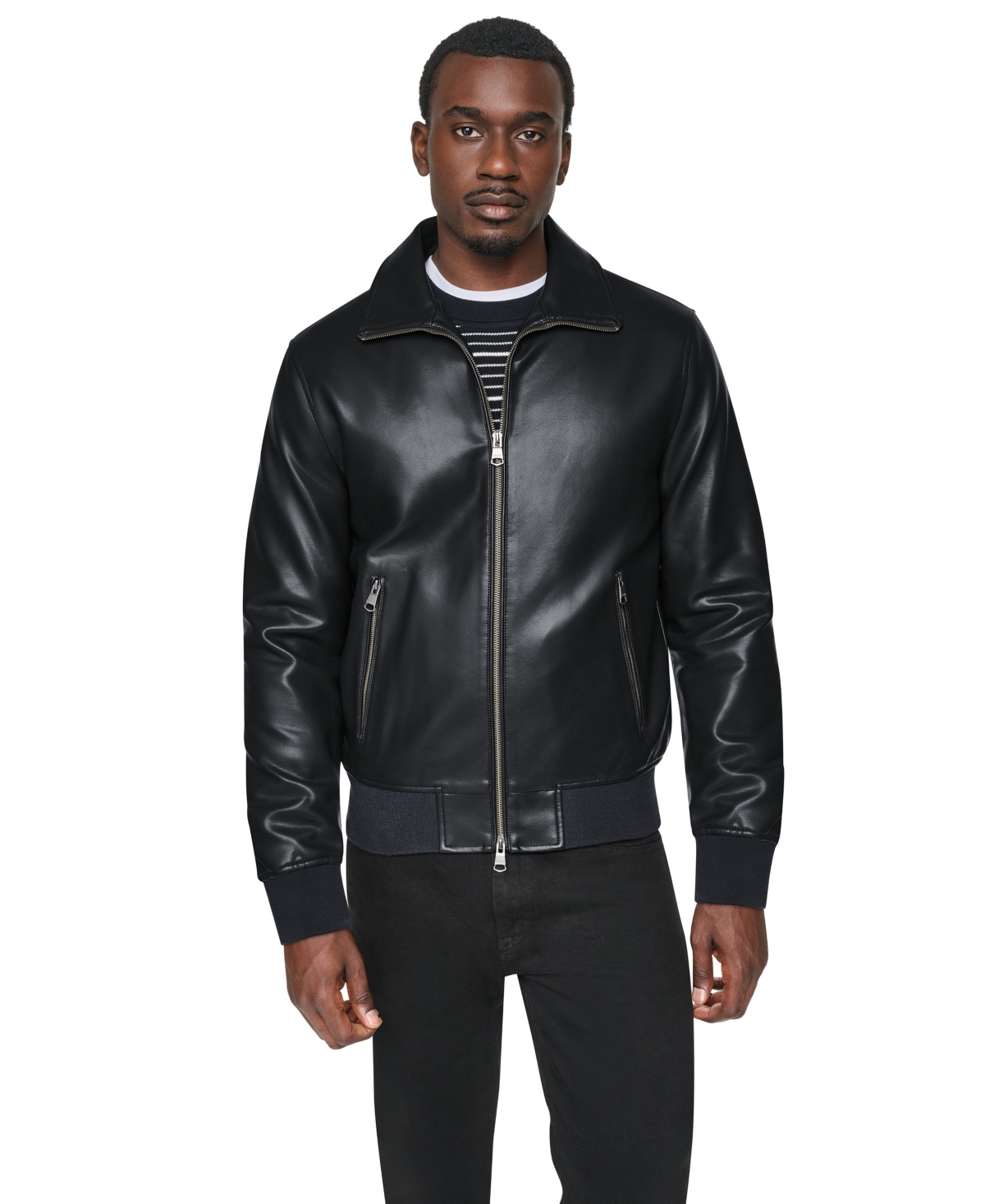 Click here for Dkny Mens Faux Leather Bomber Jacket - Black prices