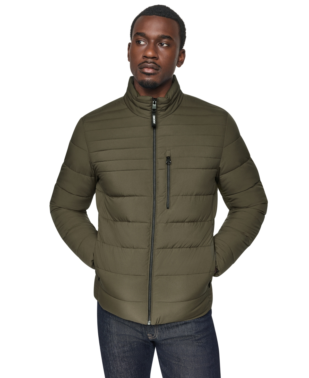 Click here for Dkny Mens Stretch Puffer Jacket - Olive prices