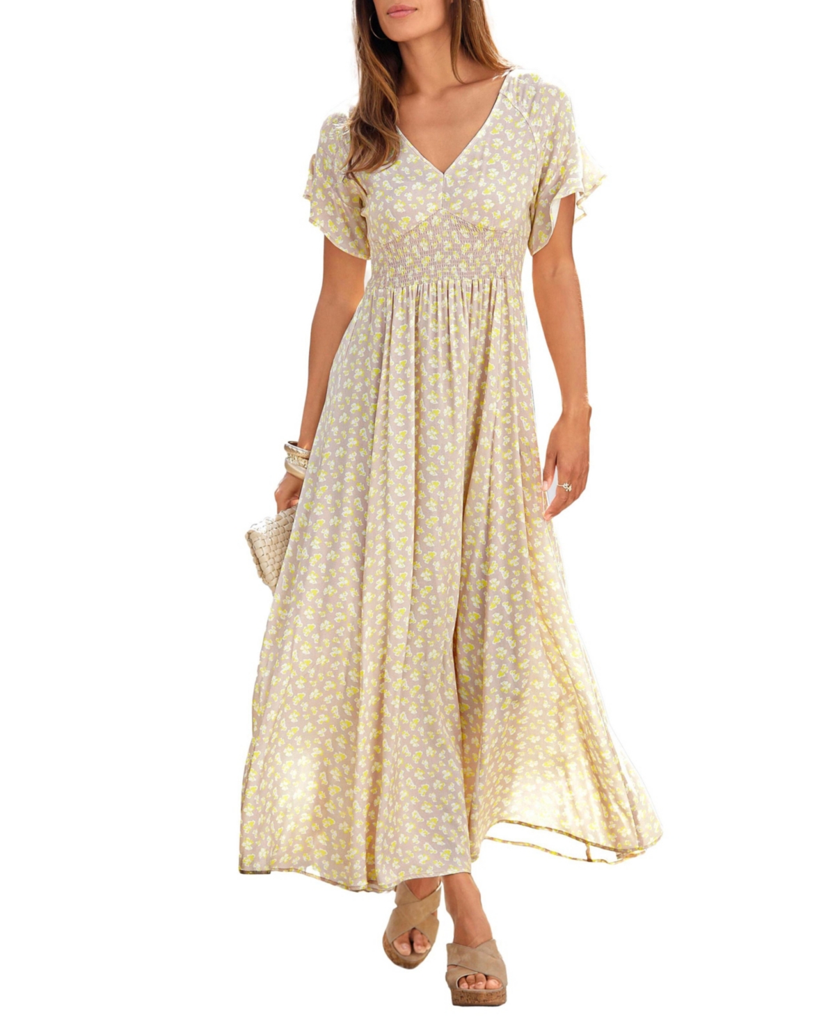 Click here for Lascana Womens Floral V-Neck Maxi Dress - Taupe ye... prices