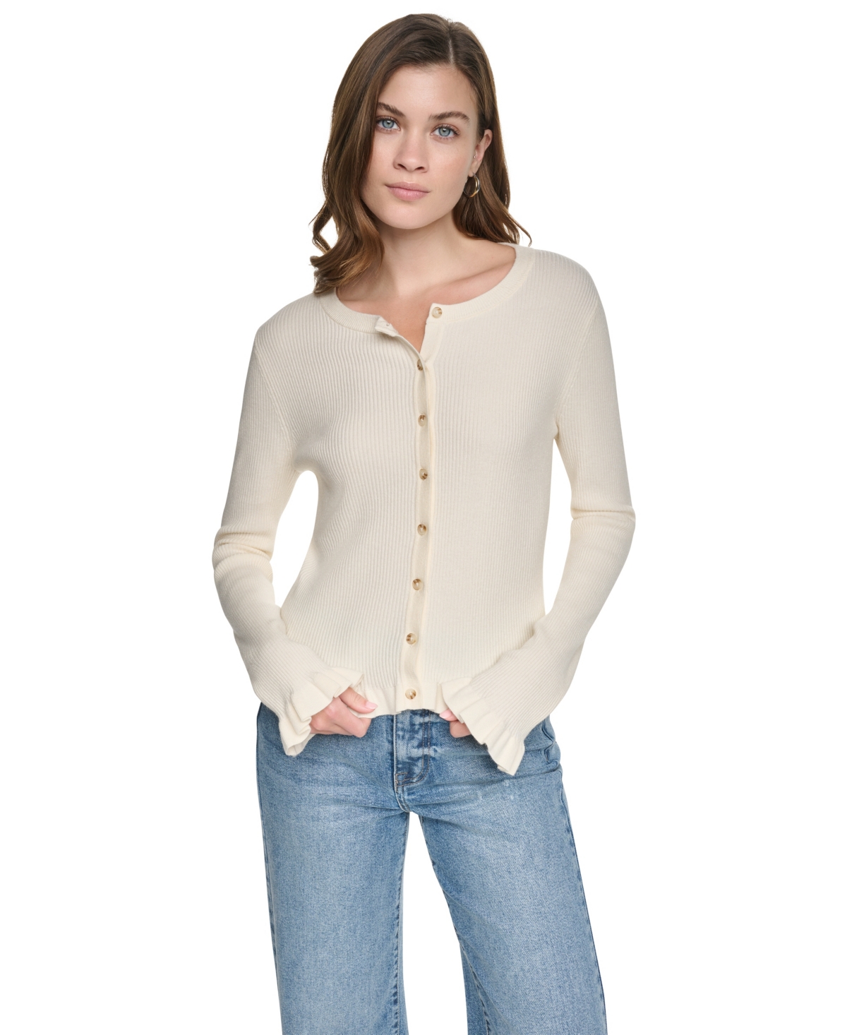 Click here for Dkny Jeans Womens Ruffle-Trim Ribbed Crewneck Swea... prices