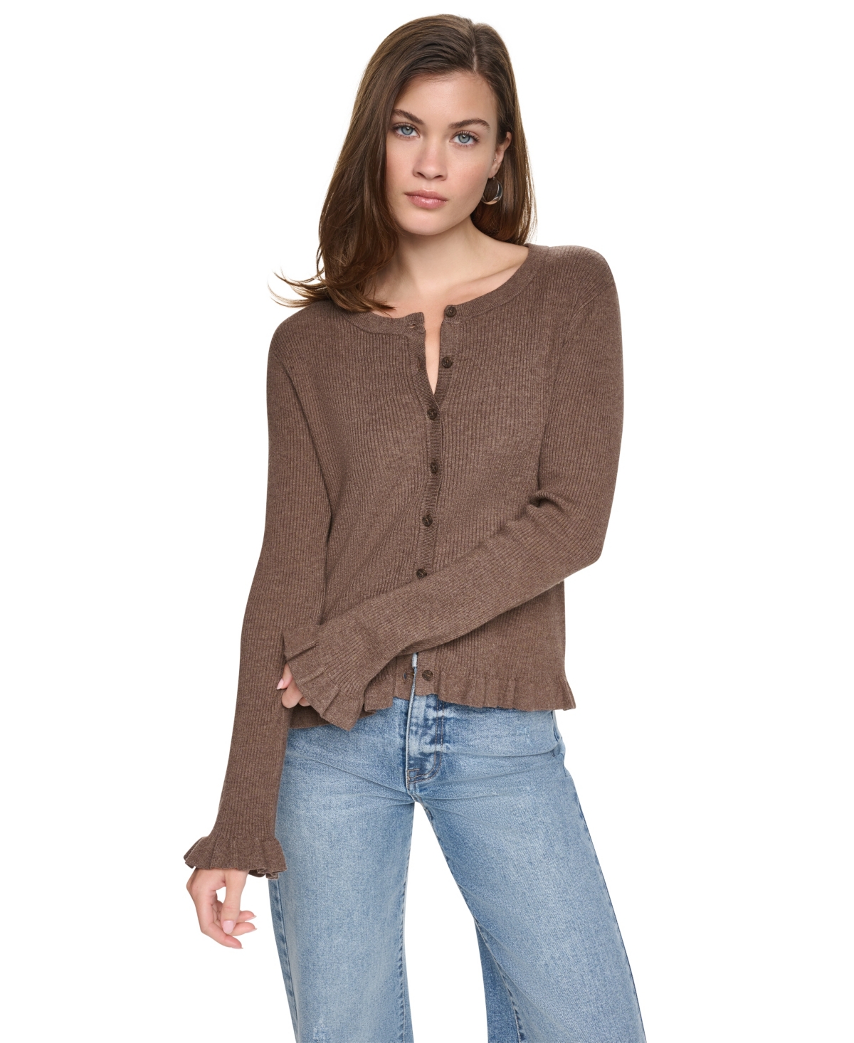 Click here for Dkny Jeans Womens Ruffle-Trim Ribbed Crewneck Swea... prices