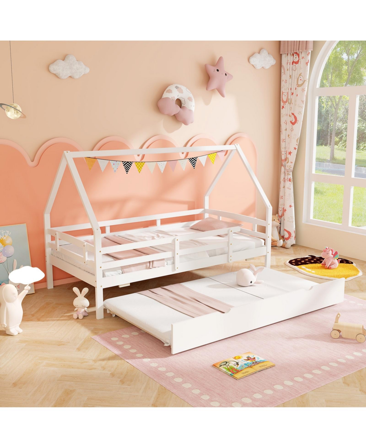 Click here for Gouun Twin House Bed with Trundle and Fence Rail -... prices