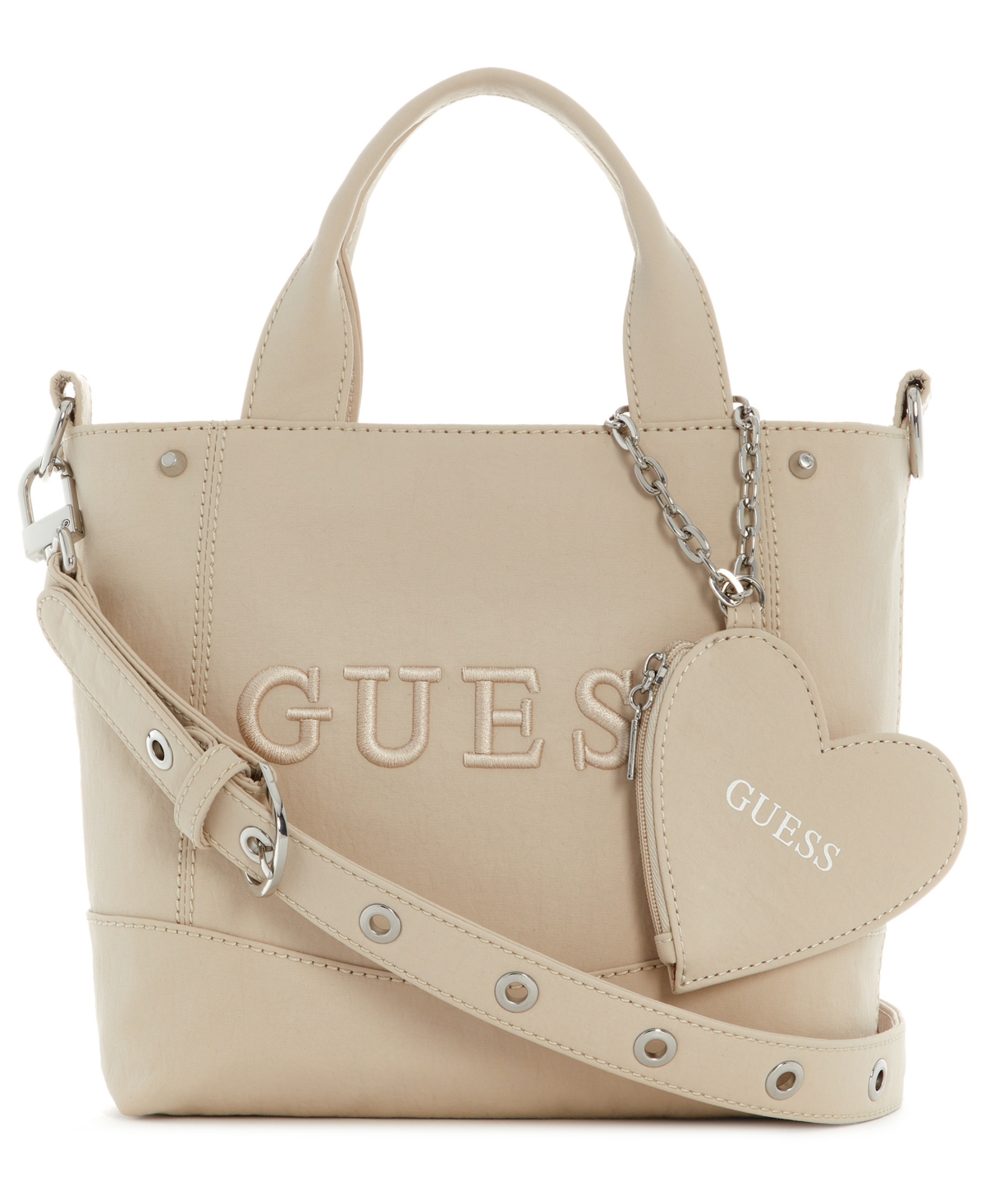 Click here for Guess Sasha Small Heart Charm Tote Handbag - Stone prices