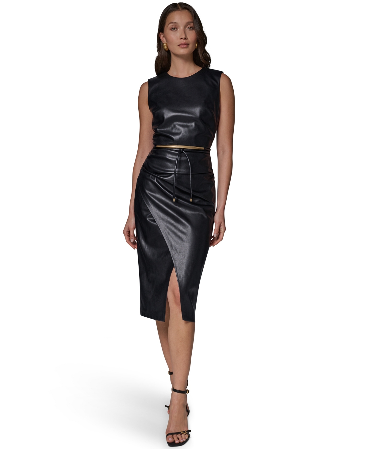 Click here for Sleeveless Faux Leather Side-Ruched Midi Dress wit... prices