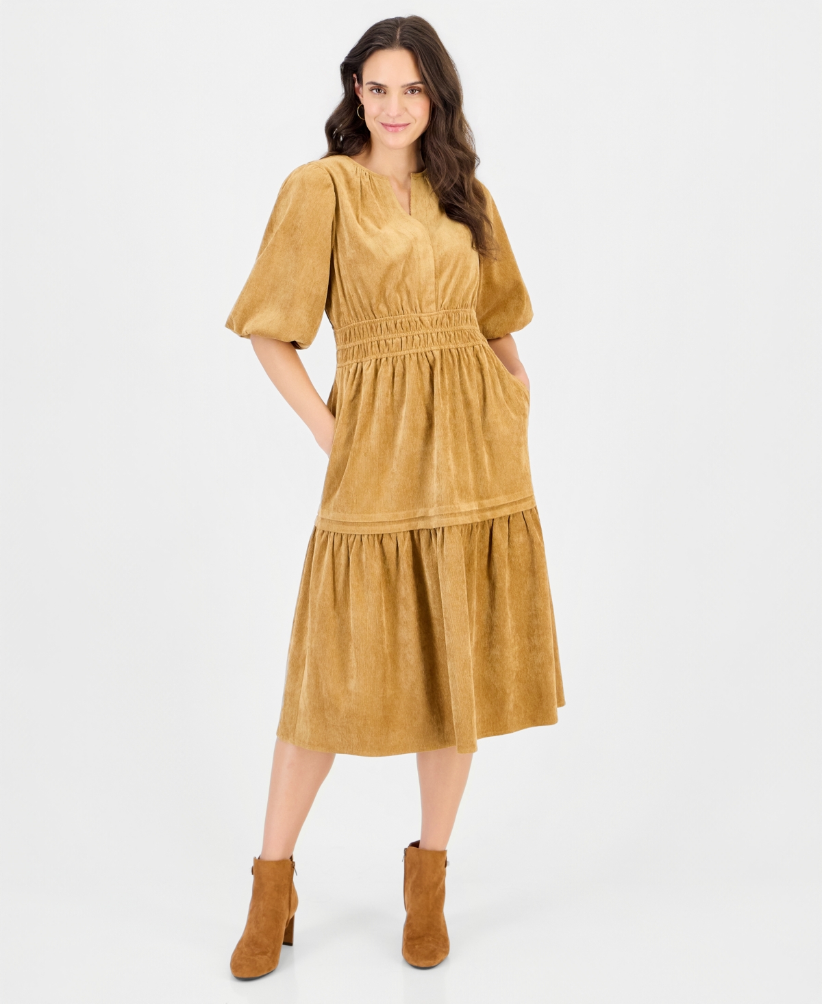 Click here for Robbie Bee Womens Corduroy Smocked-Waist Tiered Dr... prices