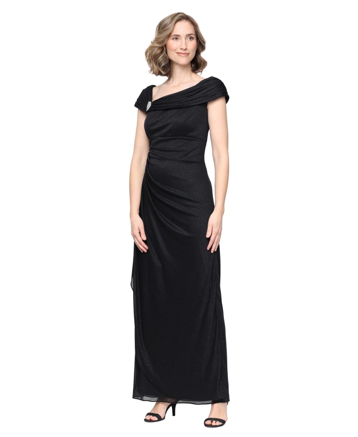 Click here for Alex Evenings Womens Glittered Ruched Gown - Black prices