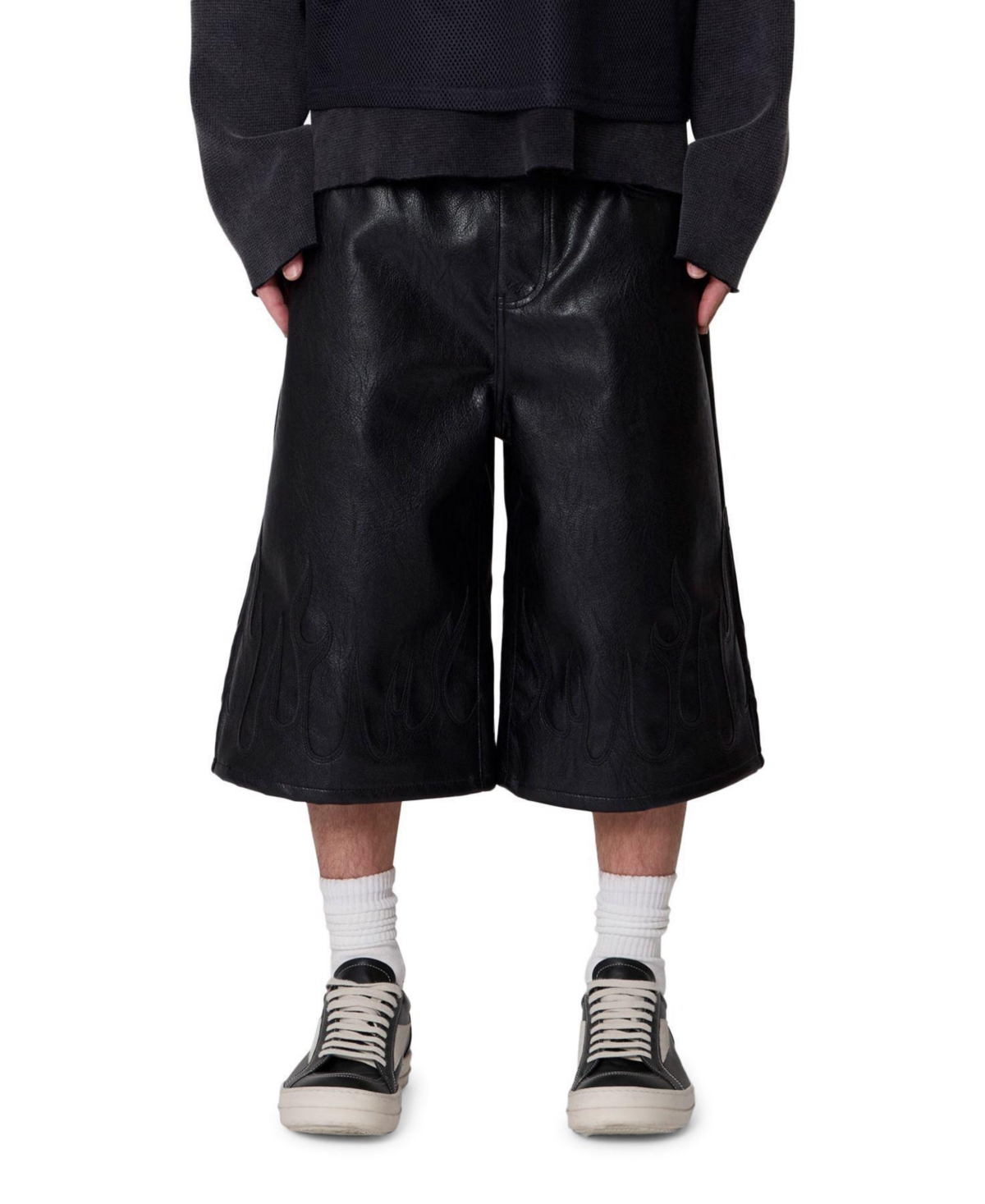 Click here for mnml Mens Ultra Baggy Leather Flame Shorts - Black prices
