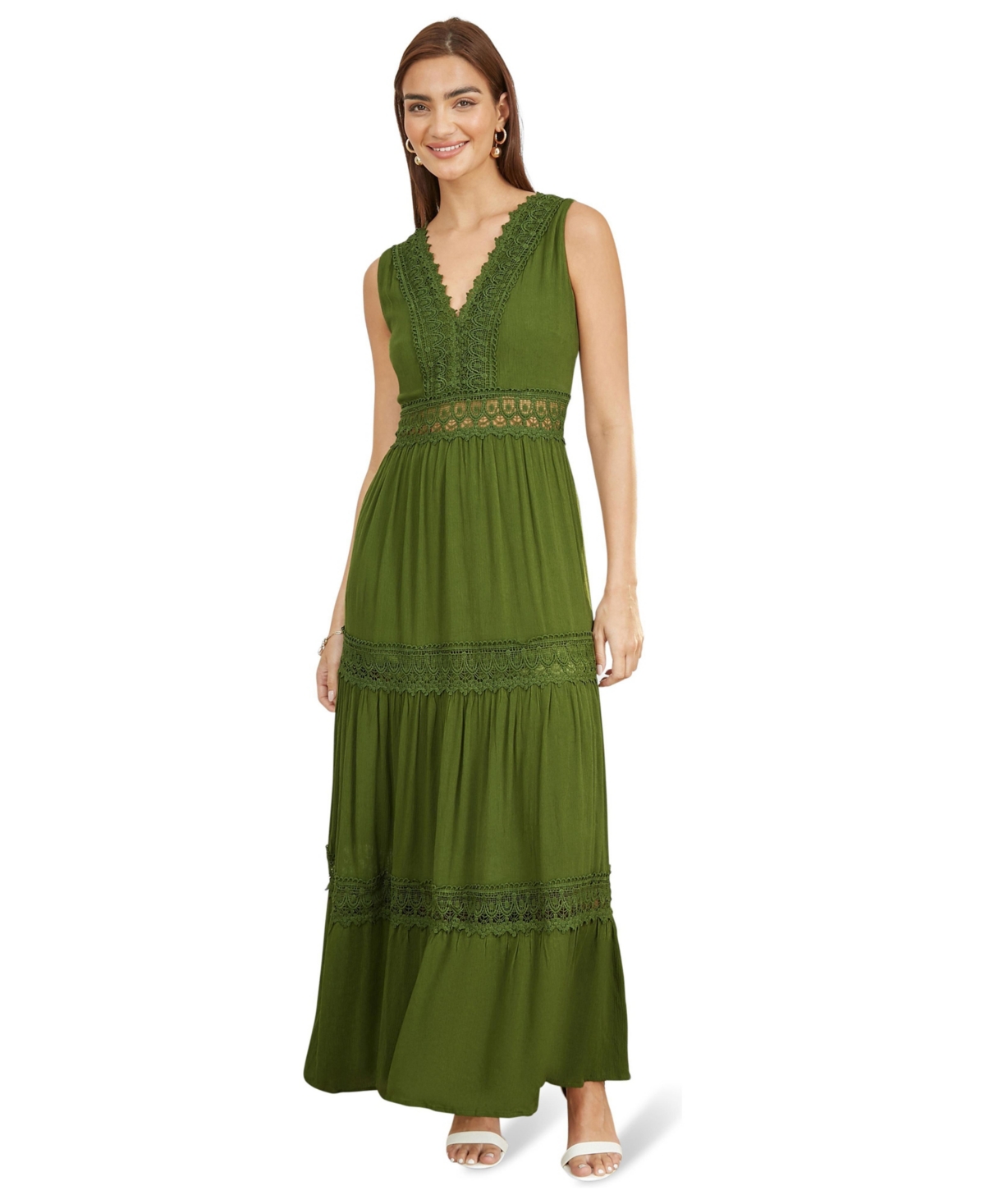 Click here for Yumi Womens Lace Trim V-Neck Maxi Dress - Green prices