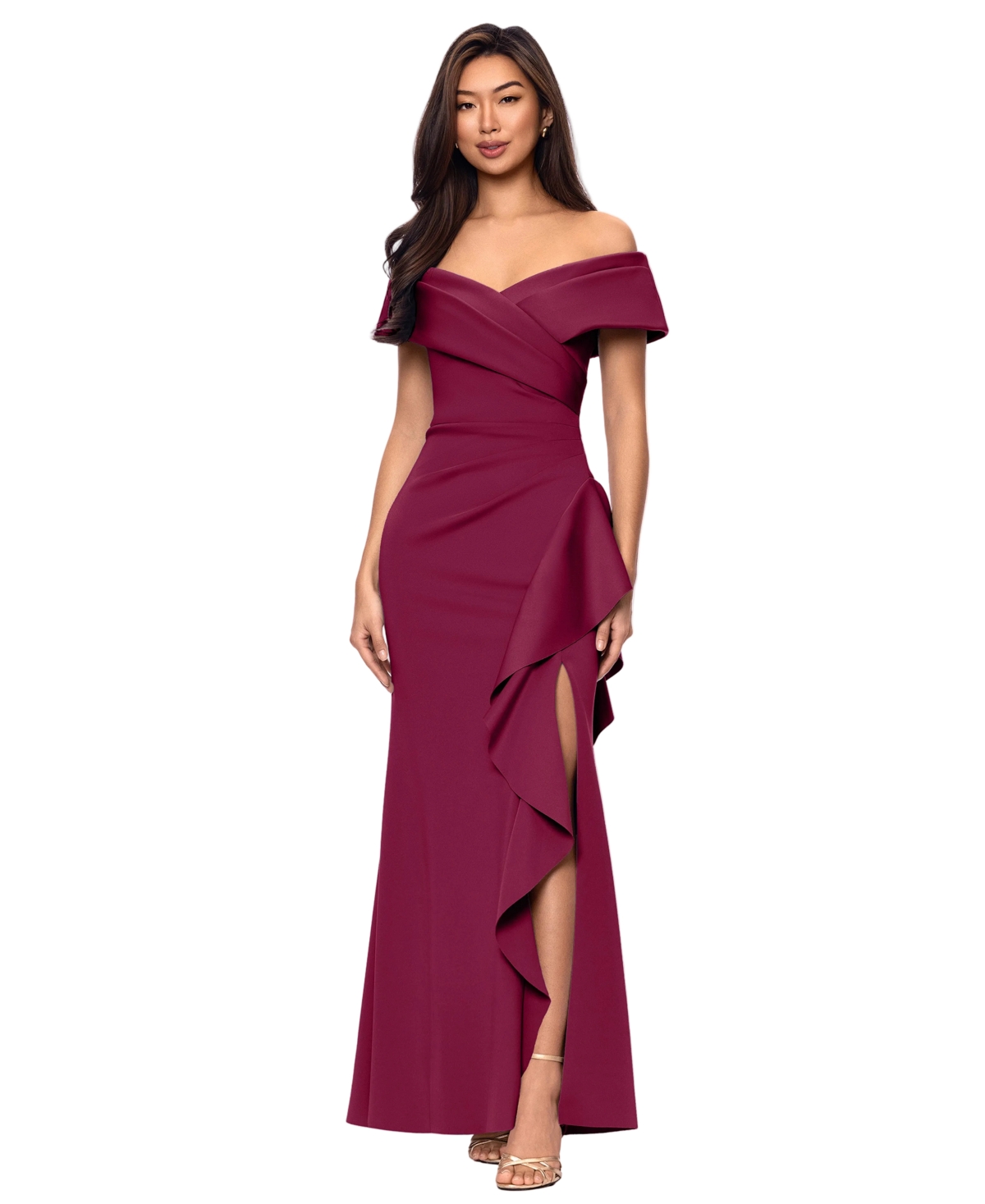 Click here for Xscape Petite Off-The-Shoulder Ruffle Detail Gown... prices