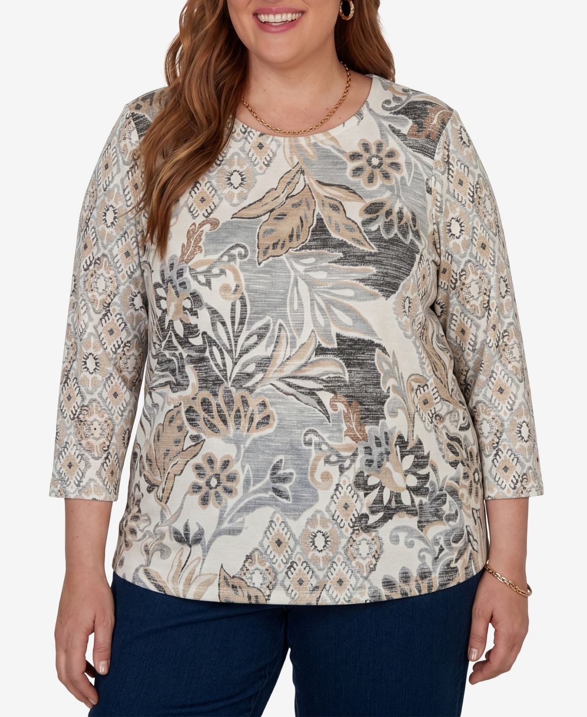 Click here for Alfred Dunner Plus Size Geo Leaf Patchwork Knit To... prices