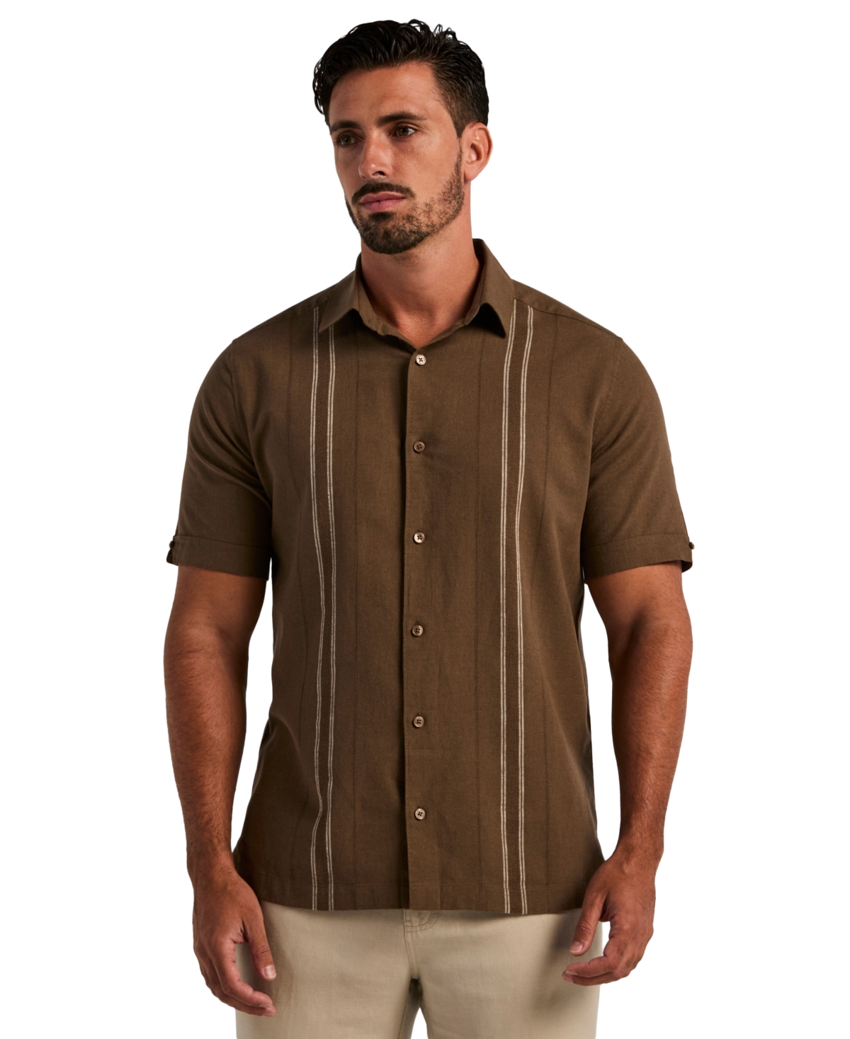 Click here for Cubavera Mens Linen Blend Dobby Panel Shirt - Brow... prices