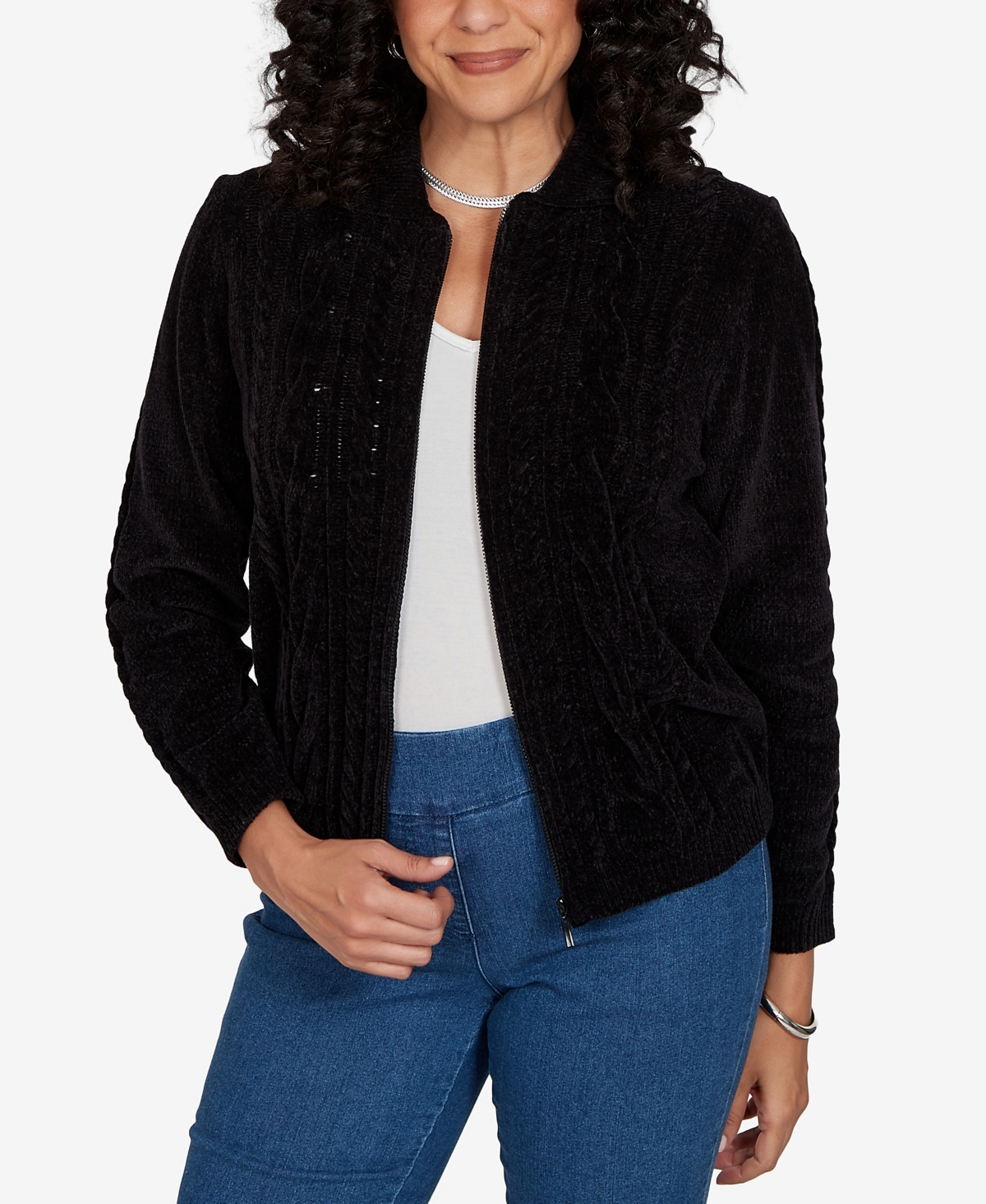 Click here for Alfred Dunner Petite Classic Cable Chenille Zip Ca... prices