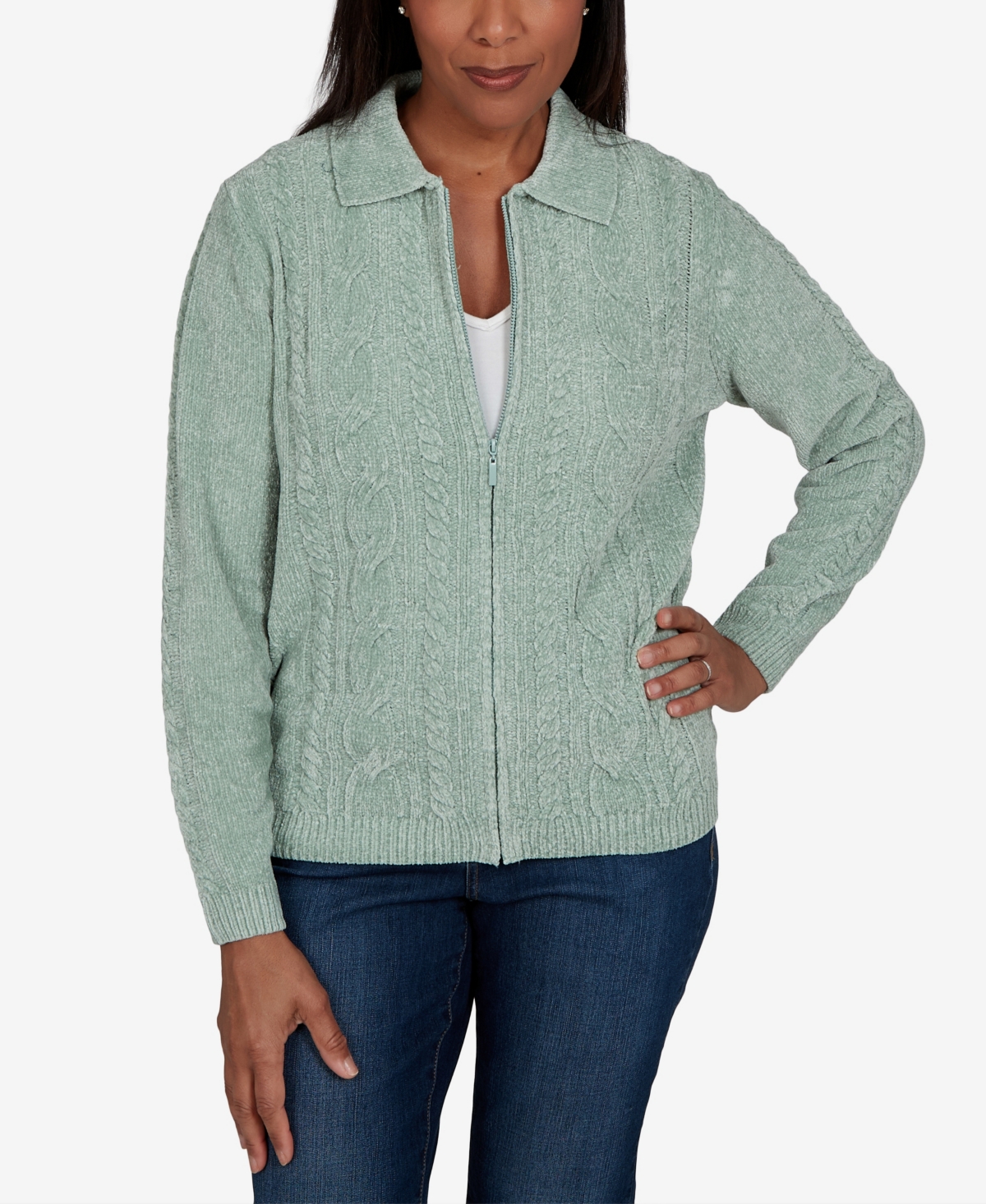 Click here for Alfred Dunner Petite Classic Cable Chenille Zip Ca... prices