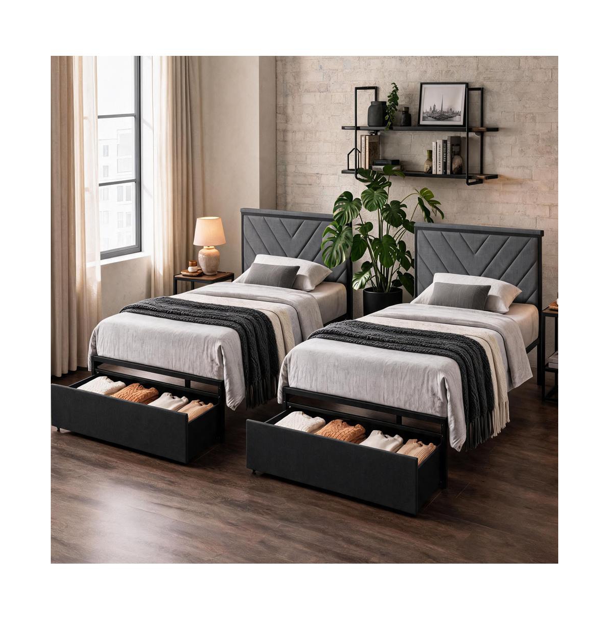 Click here for homfan Set of 2 Upholstered Twin Platform Bed Fram... prices