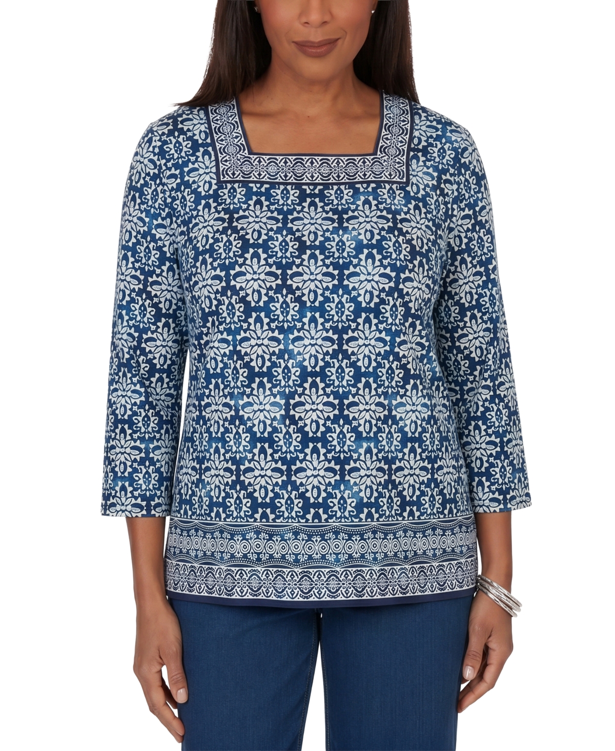 Click here for Alfred Dunner Womens Batik Tile Square Neck Top -... prices