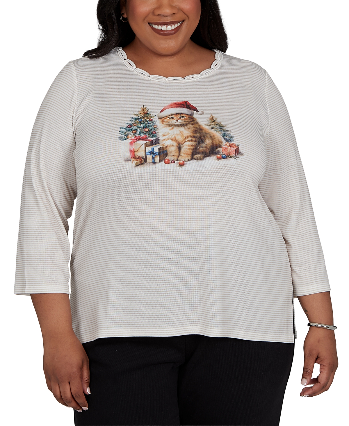 Click here for Alfred Dunner Plus Size Classic Santa Cat Knit Top... prices