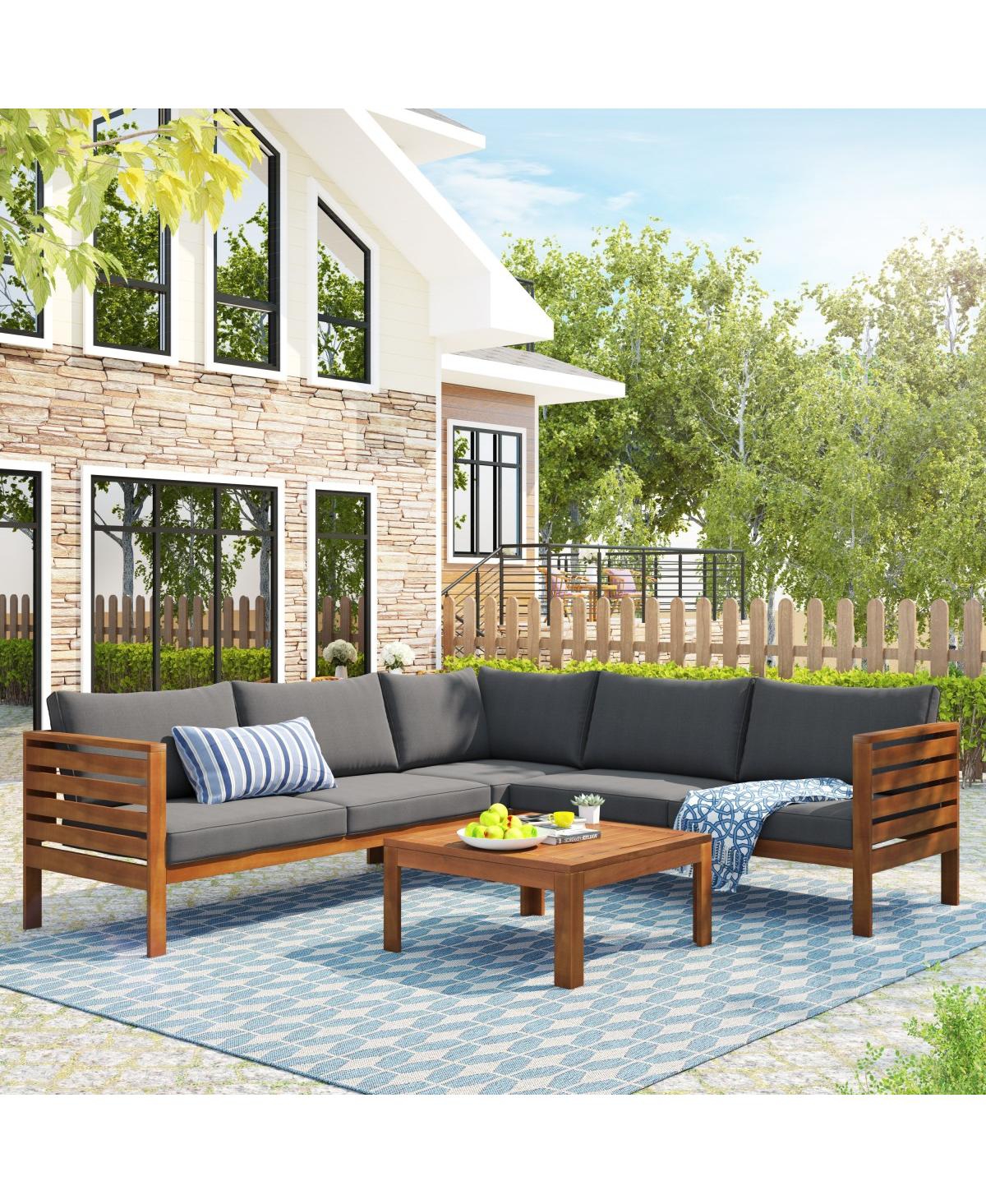 Click here for Asagikoiai 6-Piece Wood Outdoor Sectional Sofa Set... prices