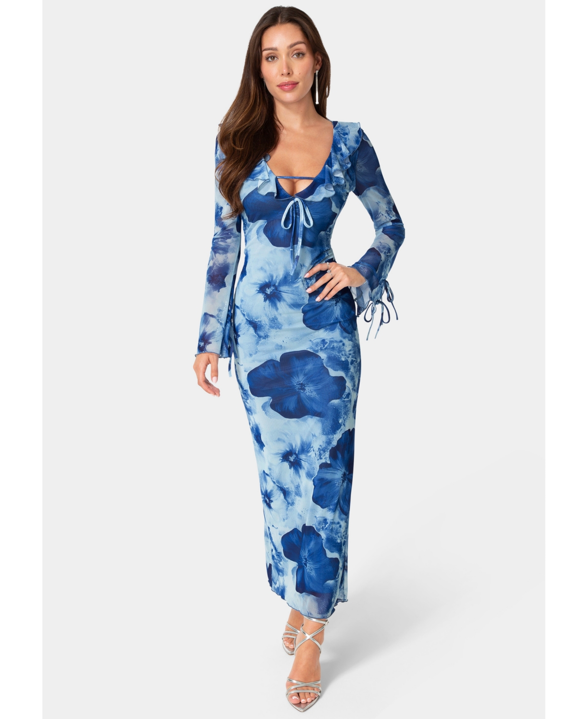 Click here for Bebe Womens Long-Sleeve Floral-Print Ruffle-Neck M... prices