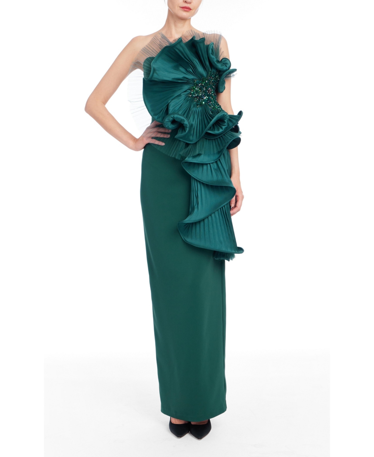 Click here for Badgley Mischka Womens The Ruffle One-Shoulder Gow... prices
