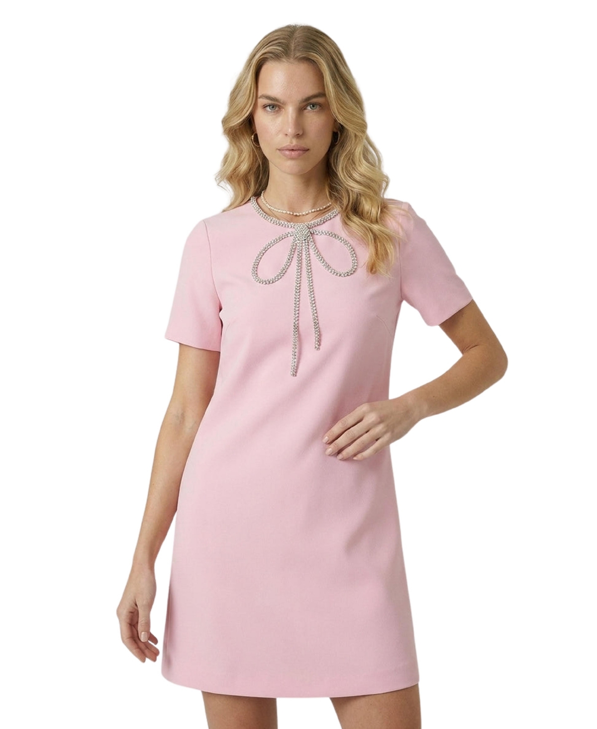 Click here for Modenaire Womens Rhinestone Bow Shift Mini Dress -... prices