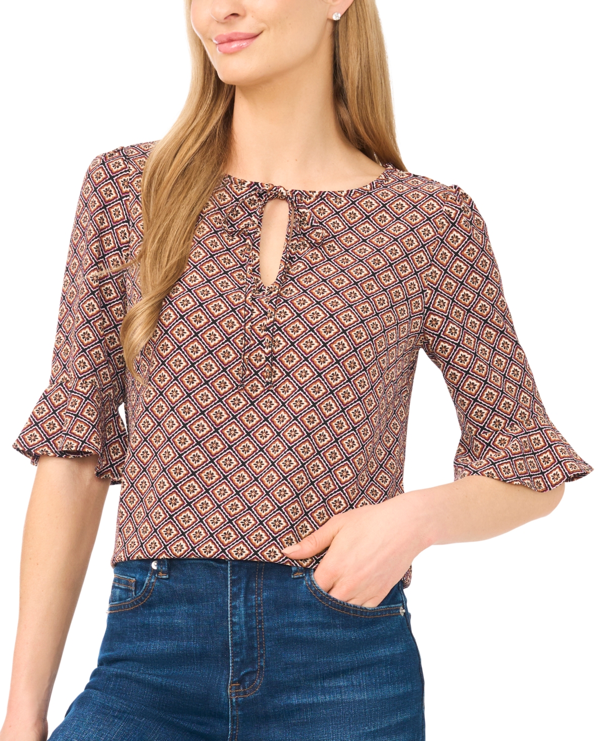 Click here for CeCe Womens Split Tie-Neck Ruffle-Cuff 3/4-Sleeve... prices