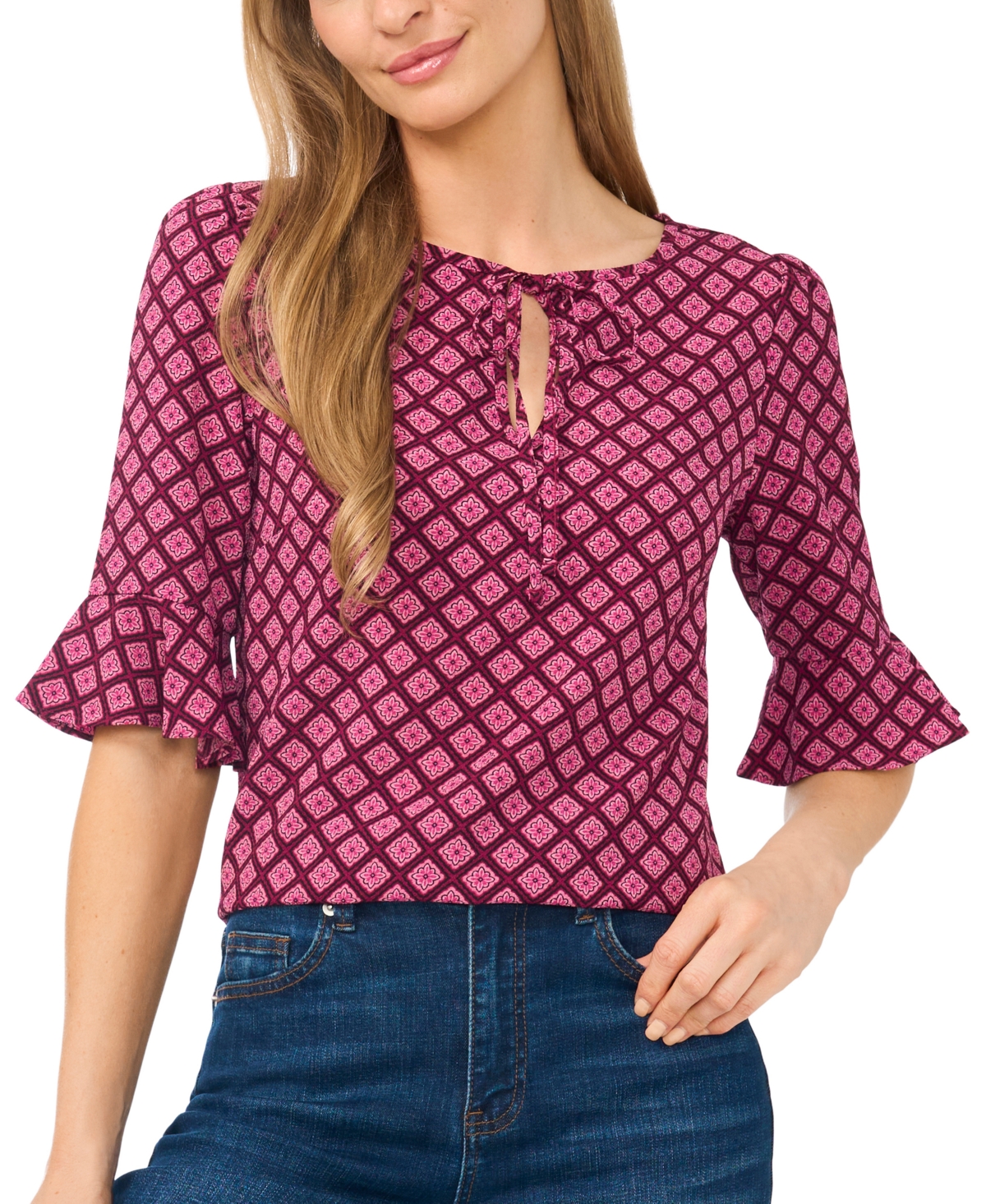 Click here for CeCe Womens Split Tie-Neck Ruffle-Cuff 3/4-Sleeve... prices