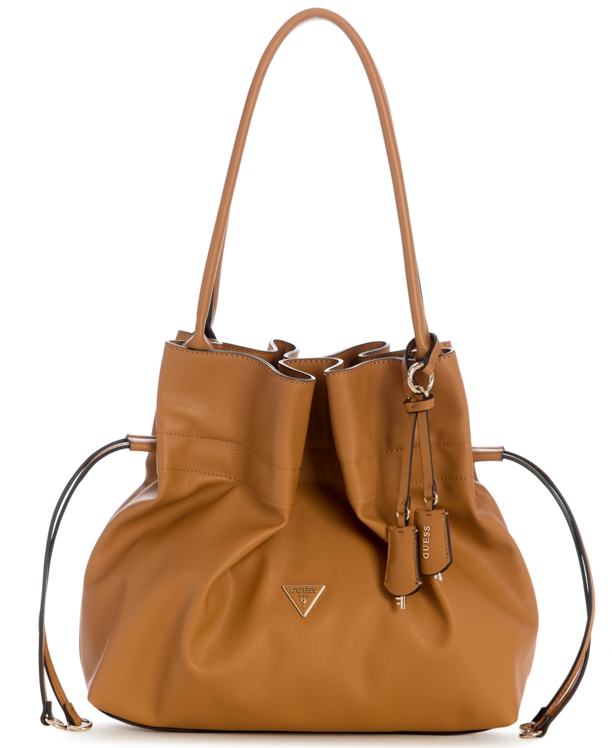 Click here for Guess Karima Medium Drawstring Tote Handbag - Tan prices