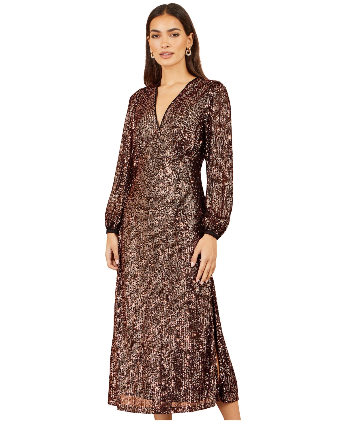 Click here for Yumi Womens Sequin A-Line V-Neck Midi Dress - Copp... prices