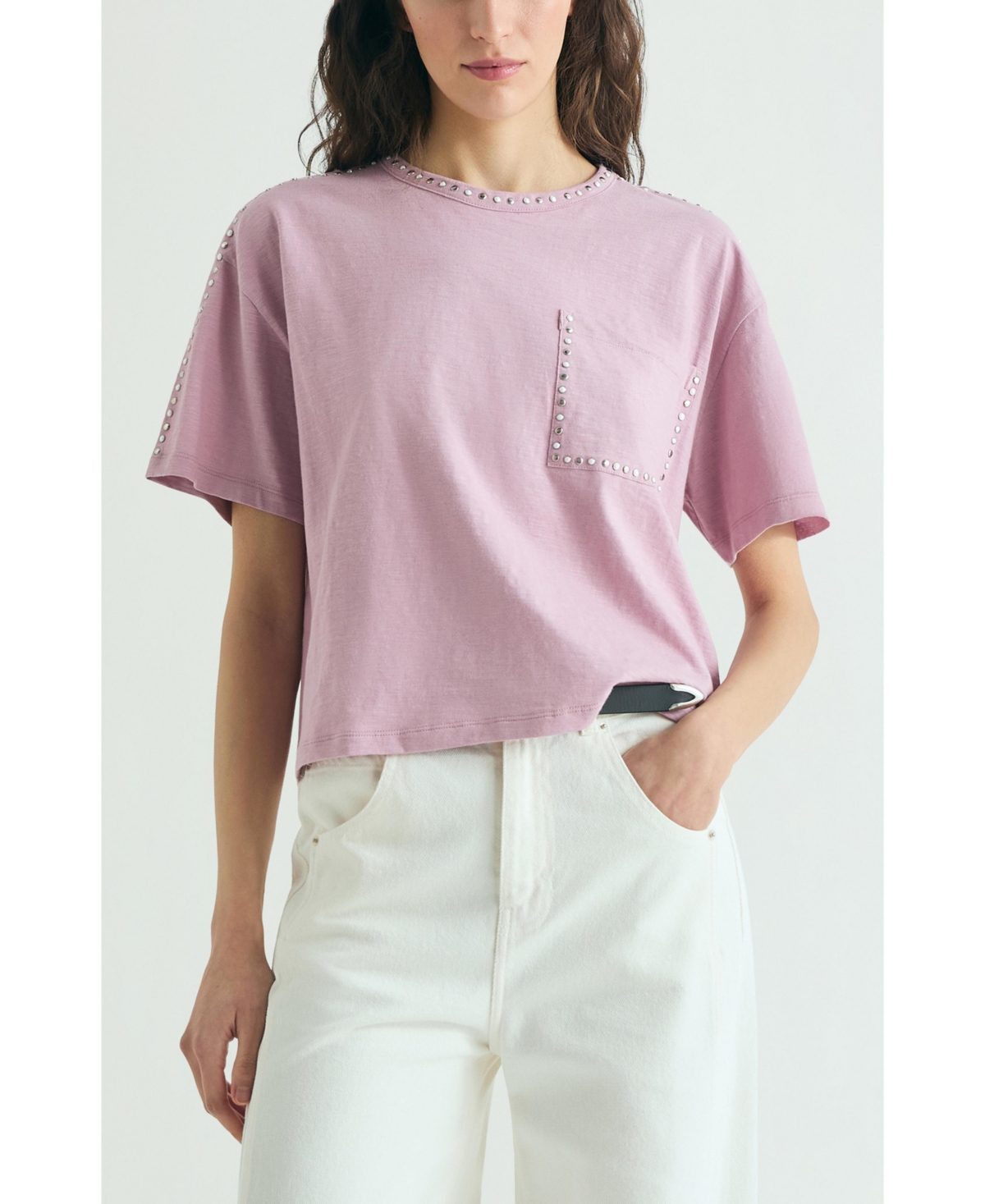 Click here for Scalpers Womens Bolsilo Studs Crewneck Chest-Pocke... prices