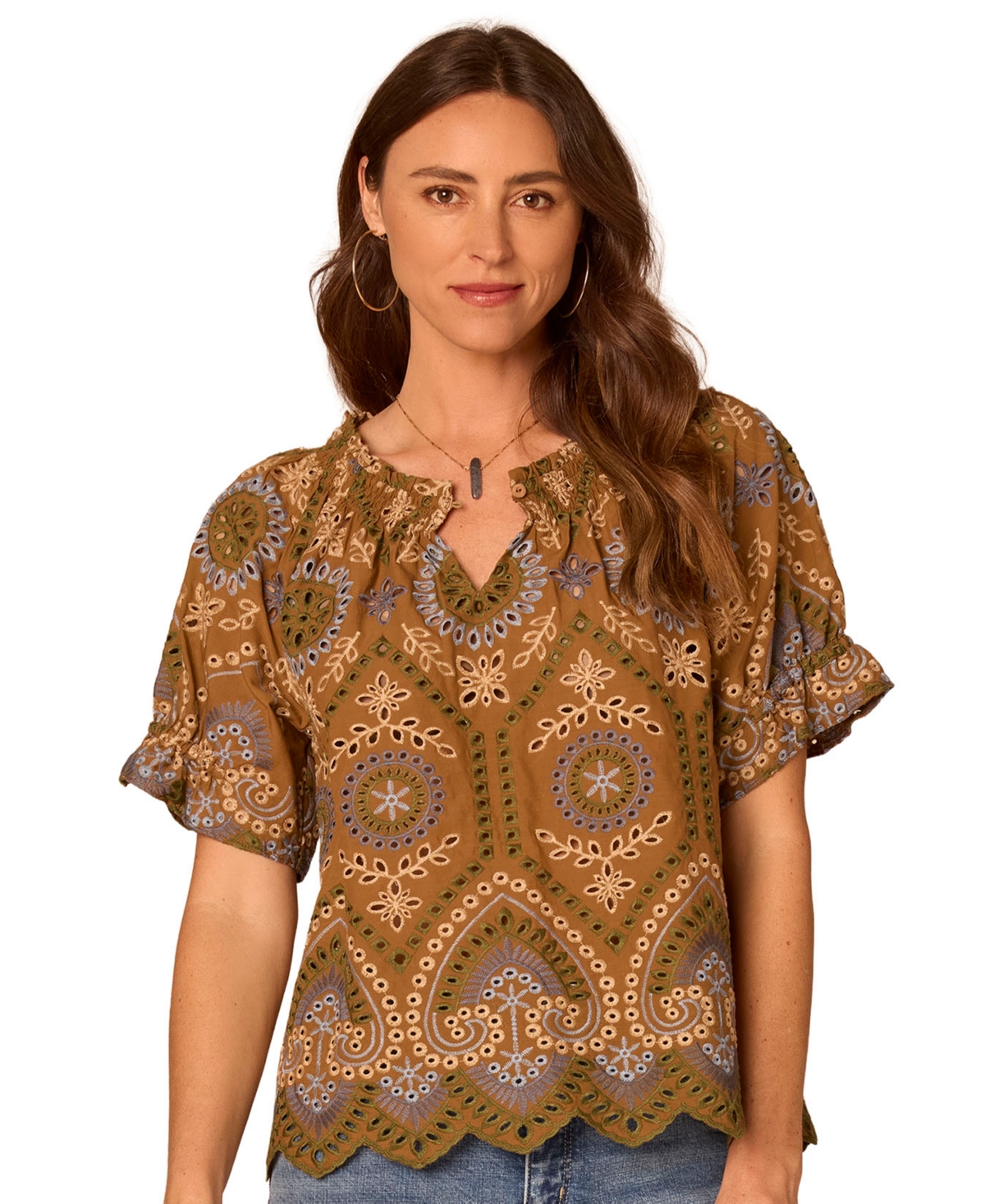 Click here for Democracy Petite Embroidered Smocked Neck Short-Sl... prices