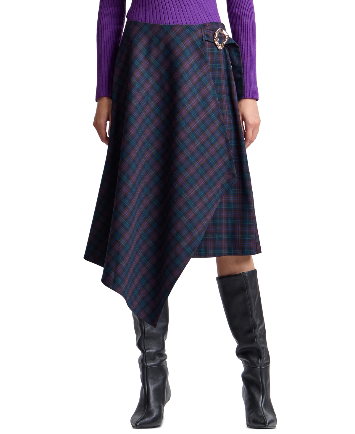 Click here for Avec Les Filles Womens Plaid Asymmetrical Wrap Mid... prices