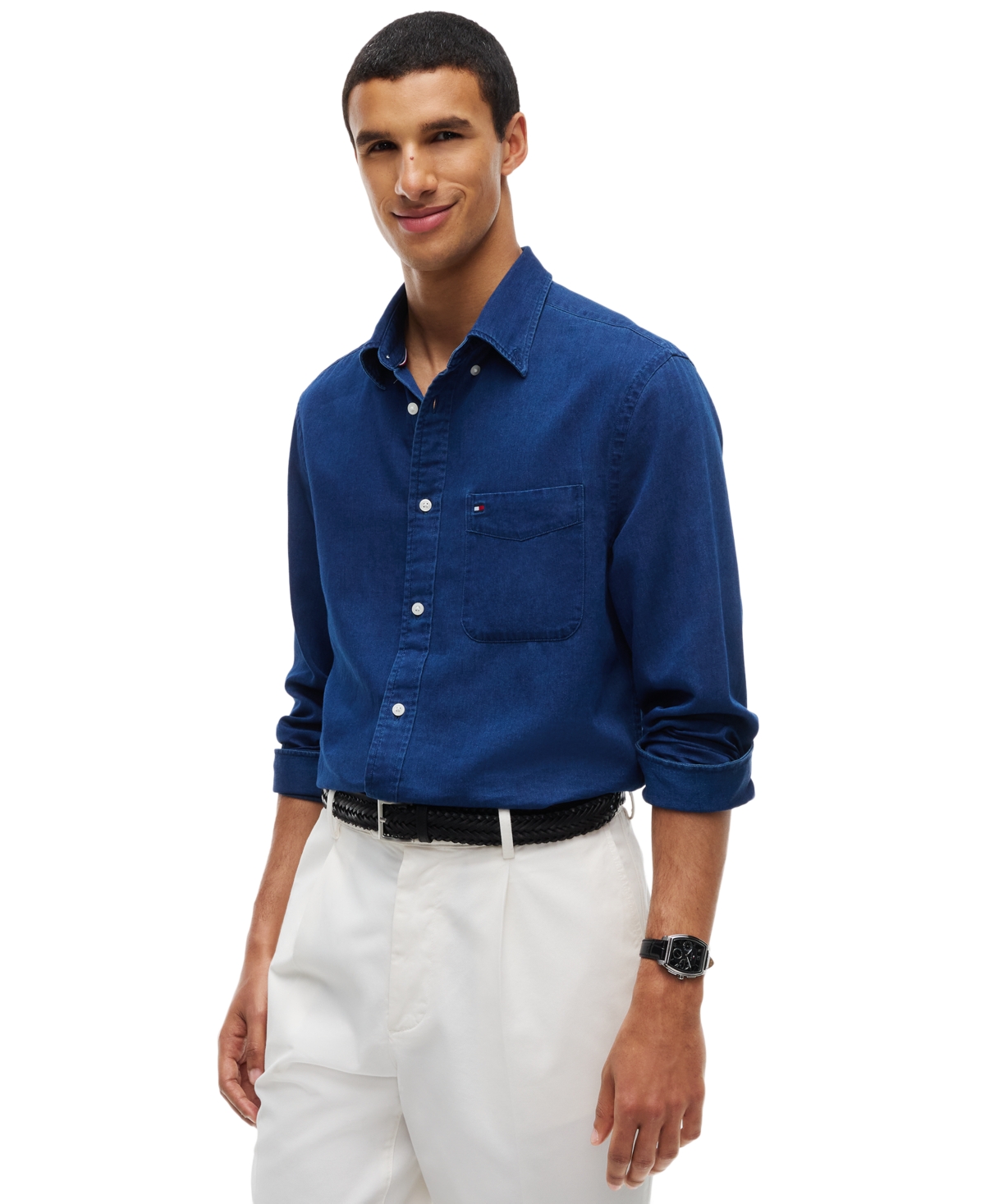 Click here for Tommy Hilfiger Mens Chambray Regular-Fit Shirt - D... prices