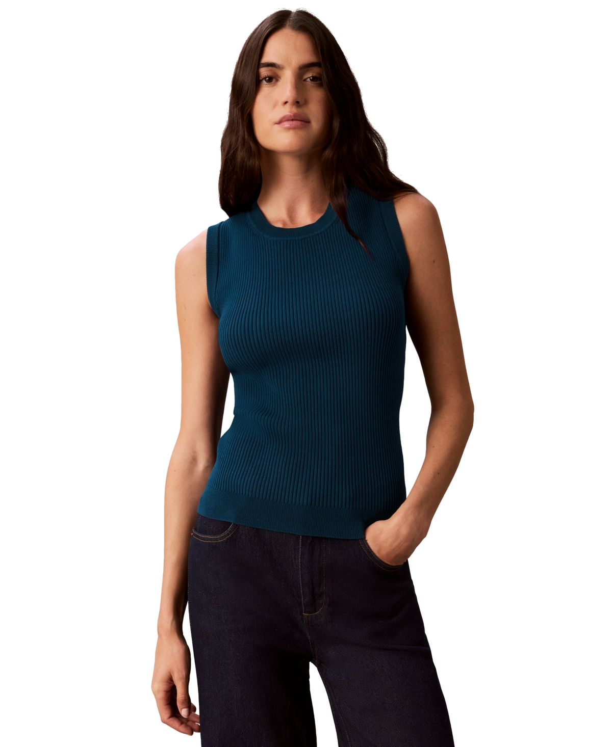 Click here for Calvin Klein Womens Ribbed Crewneck Sleeveless Tan... prices