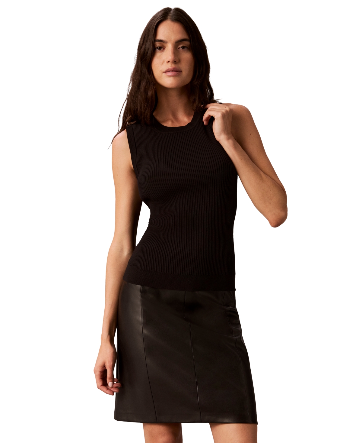 Click here for Calvin Klein Womens Ribbed Crewneck Sleeveless Tan... prices