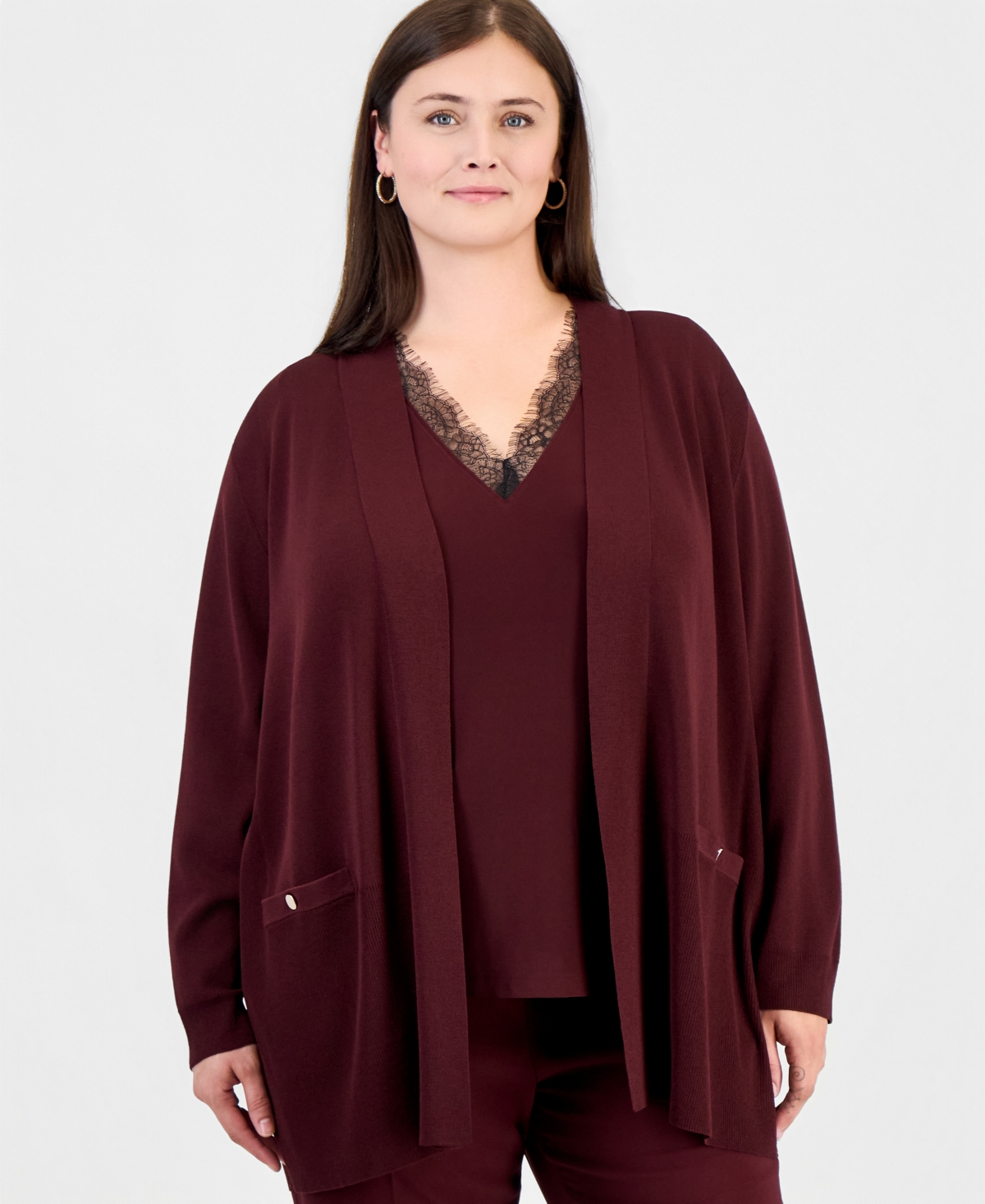 Click here for Anne Klein Plus Size Collarless Open-Front Cardiga... prices