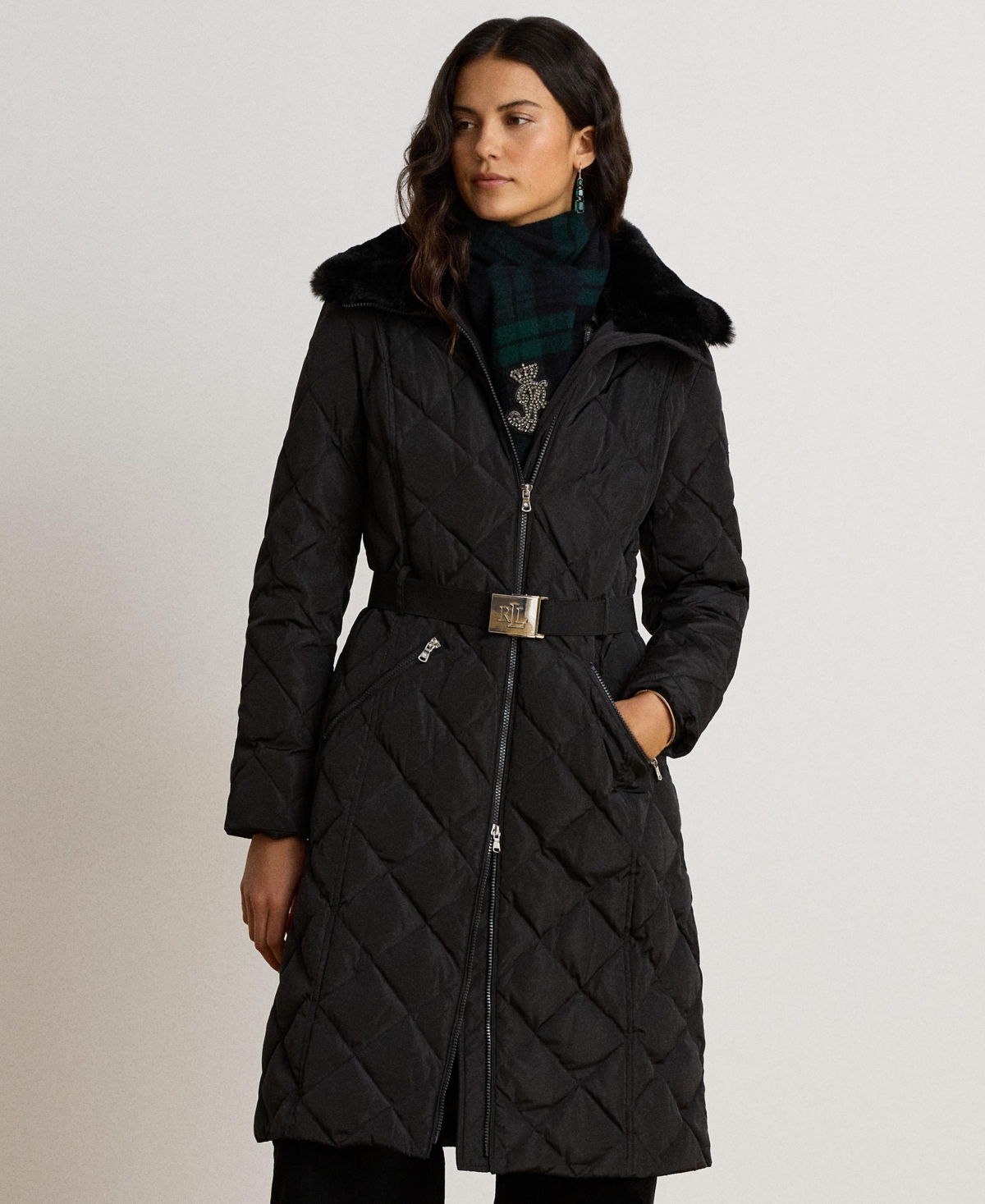 Click here for Lauren Ralph Lauren Womens Belted Quilt with Fur C... prices