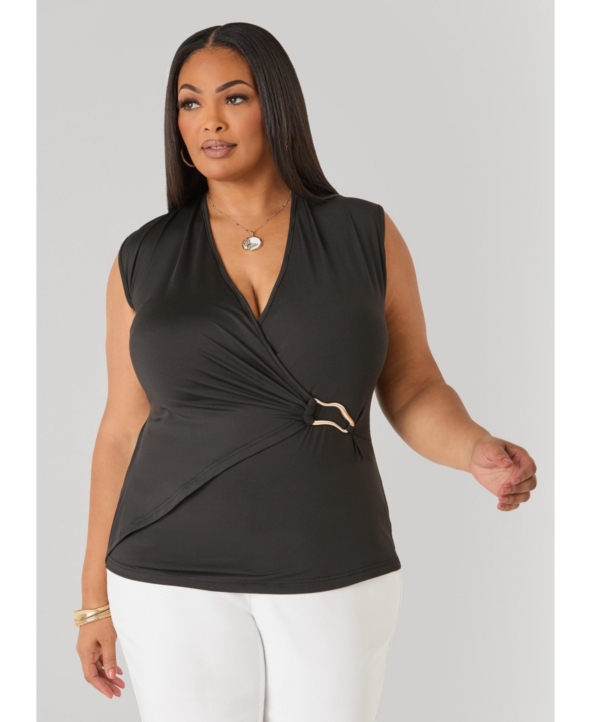 Click here for Ashley Stewart Plus Size Faux Wrap Embellished Top... prices