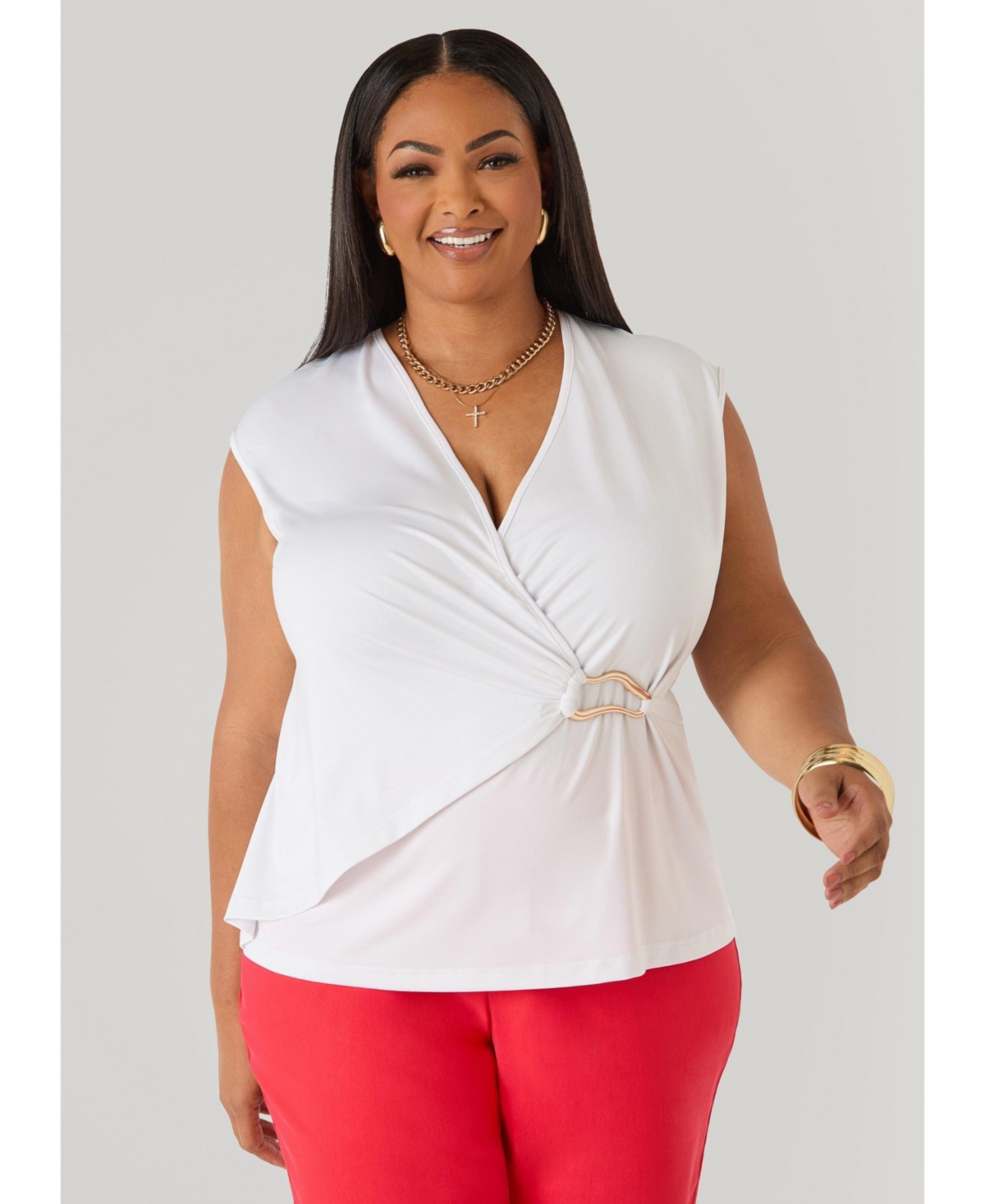 Click here for Ashley Stewart Plus Size Faux Wrap Embellished Top... prices