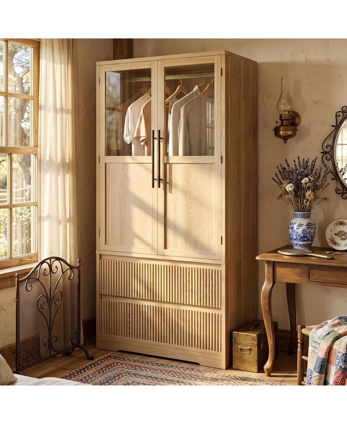 Click here for Fluted Drawer Armoire - Farmhouse Wardrobe with Gl... prices