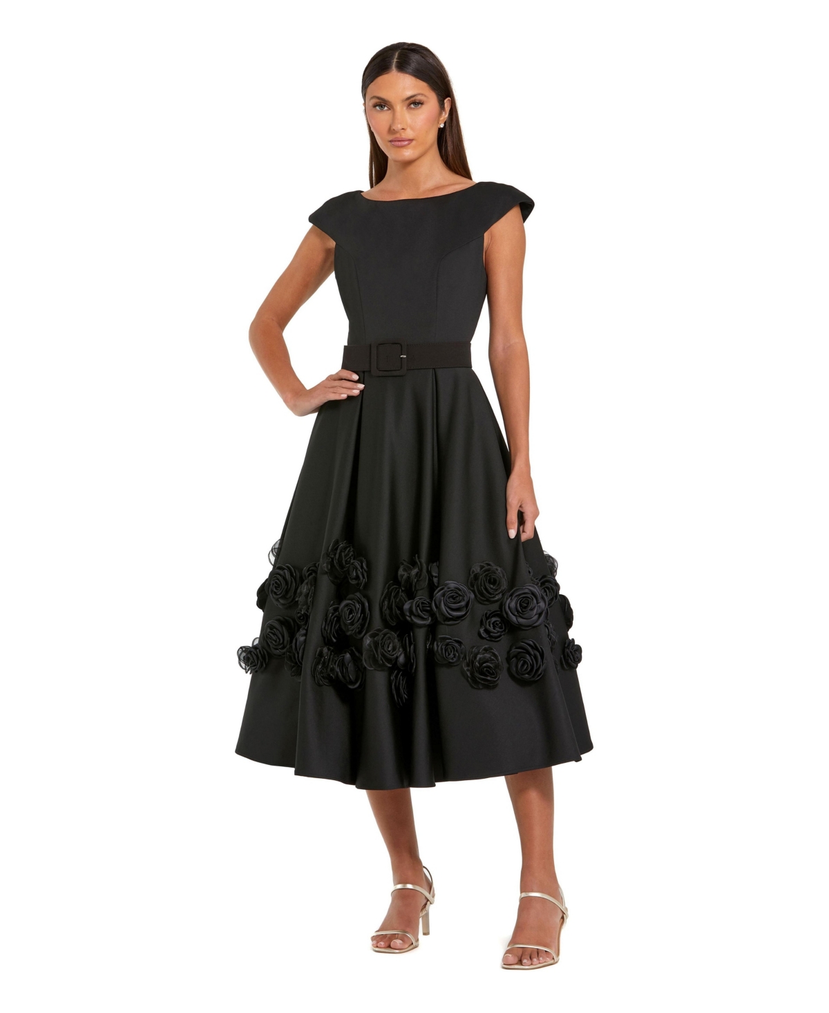 Click here for Mac Duggal Womens Belted Floral Rosette A-Line Mid... prices