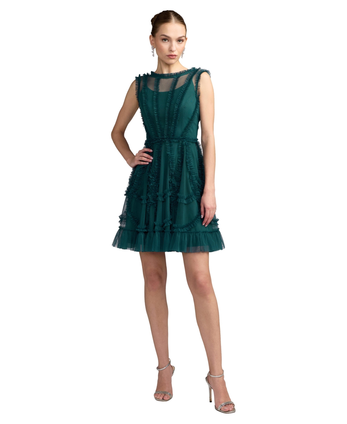 Click here for Mac Duggal Womens Mesh Micro Ruffle High Neck Mini... prices